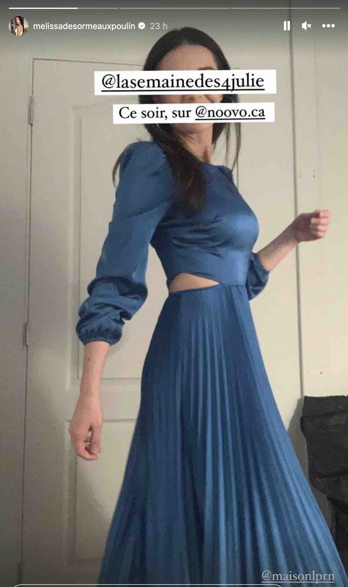 Mélissa Désormeaux-Poulin était fabuleuse en longue robe satinée bleue azur
