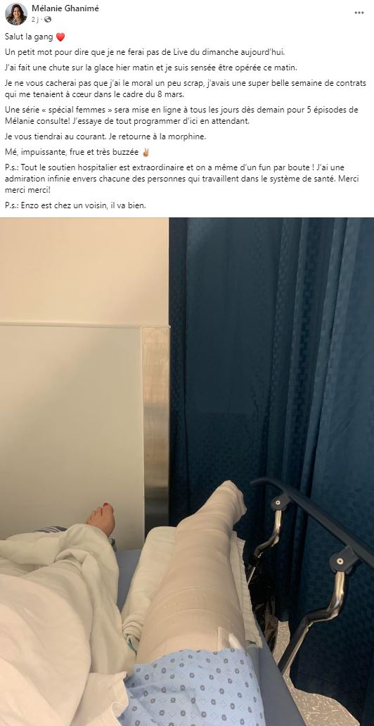 L'humoriste Mélanie Ghanimé a fait une mauvaise chute et s'est ...