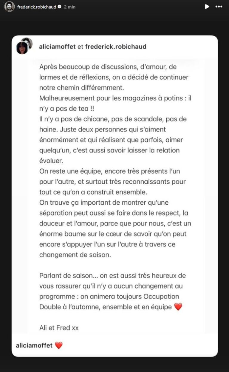 Alicia Moffet et Fred Robichaud annoncent leur rupture