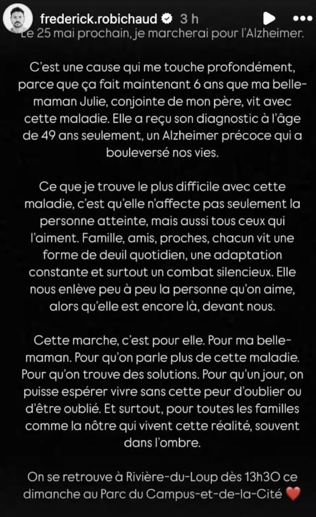 Frédérick Robichaud se mobilise pour sa belle-maman atteinte de l’Alzheimer